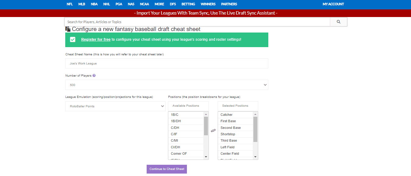 Free Fantasy Baseball Draft Cheat Sheets
